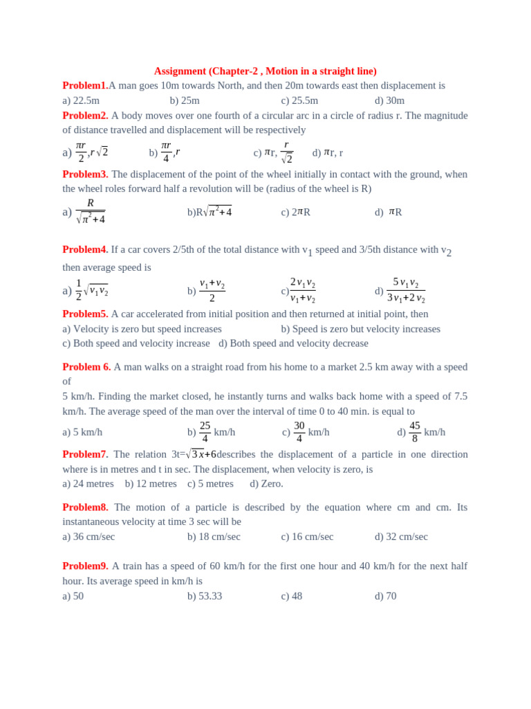 Assignment XI Motion in A Straight Line | PDF | Speed | Mechanical ...