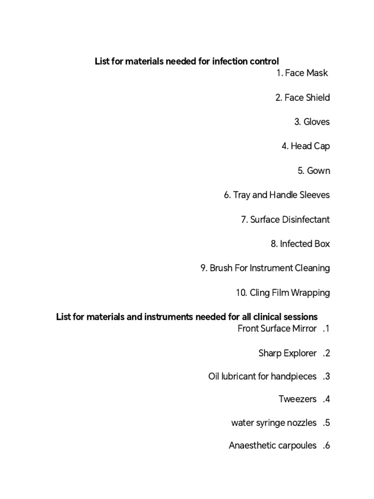 Essential Materials for Infection Control and Clinical Sessions | PDF ...