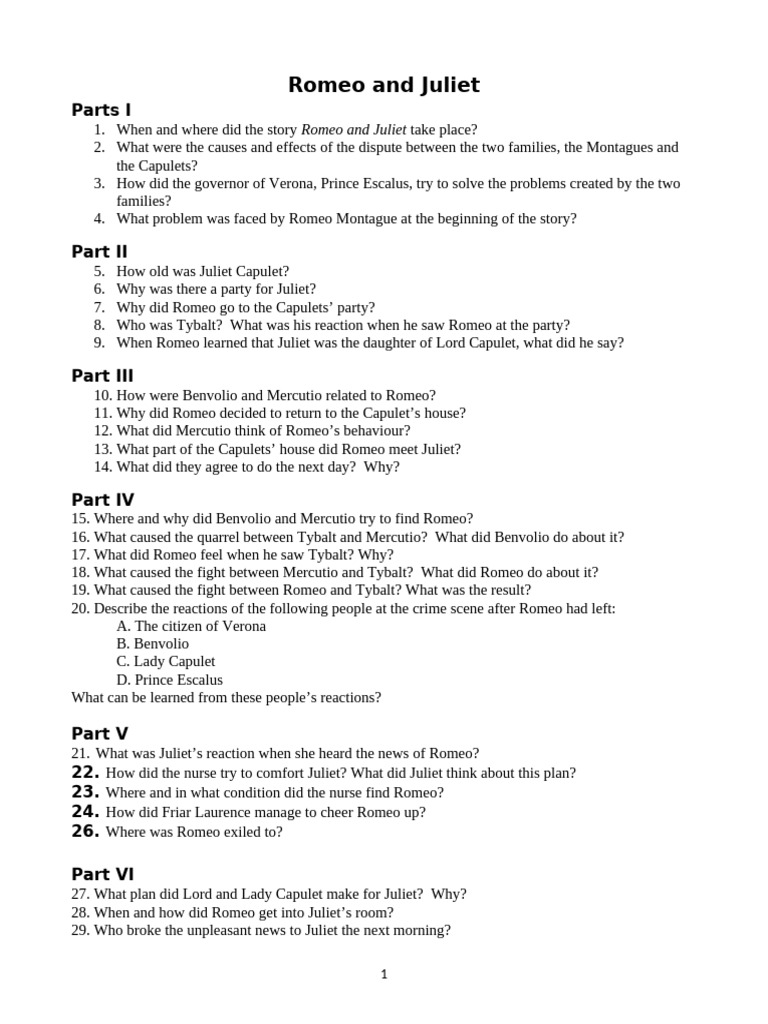 Romeo&Juliet Comprehension Questions | PDF | Characters In Romeo And ...