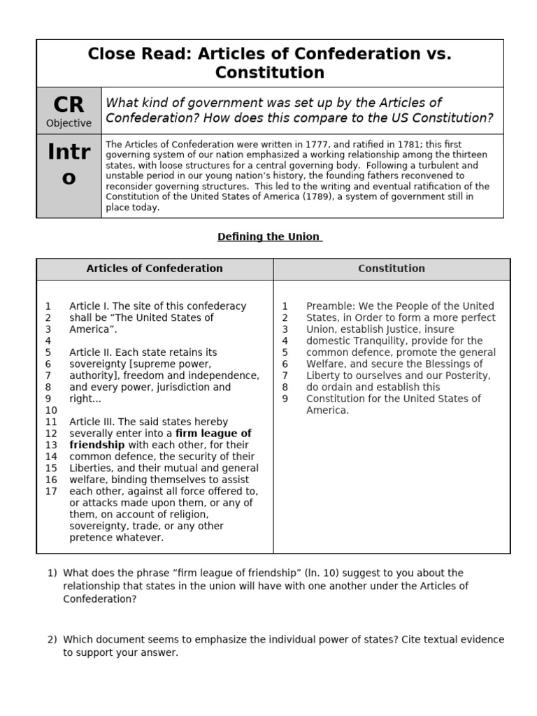 Articles of Confederation Vs US Constitution | PDF | Article One Of The ...