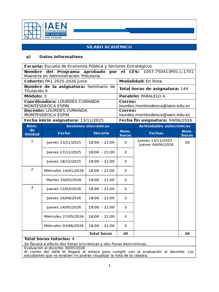 Sílabo Seminario de Titulación II PA1 2025-2026 Junio (4) | PDF | Evaluación | Aprendizaje