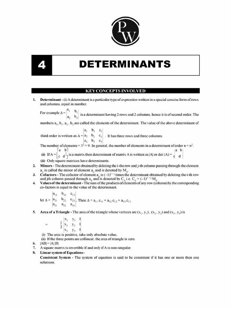JEE Formula-Sheets 12th Maths Determinants | PDF