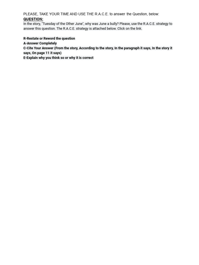 Joanna Sabbe - R.A.C.E. Strategy Question - Tuesday of The Other June | PDF