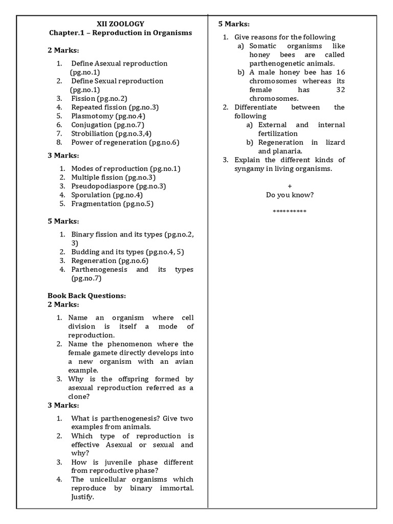 Final +2 Zoology - 1 To 12 Chapters 2, 3 and 5 Marks Questions | PDF ...
