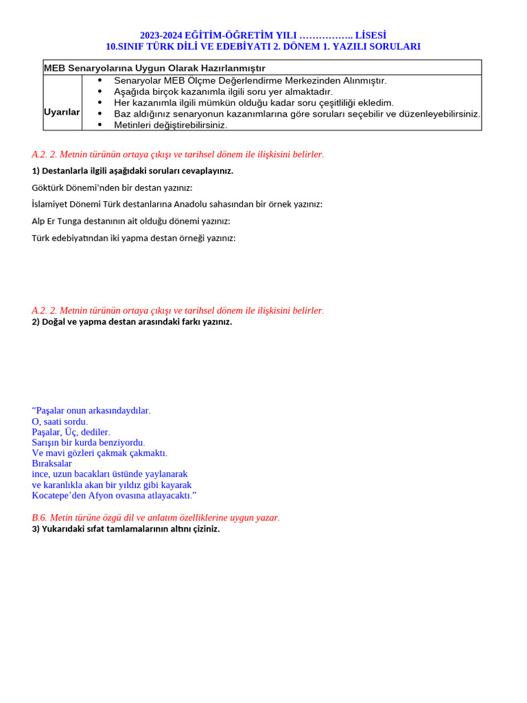 10-TDE-2.Donem-1.Yazili-Sorulari-2024 | PDF