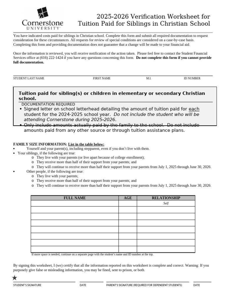 Siblings in Christian School Verification Worksheet 25-26 | PDF