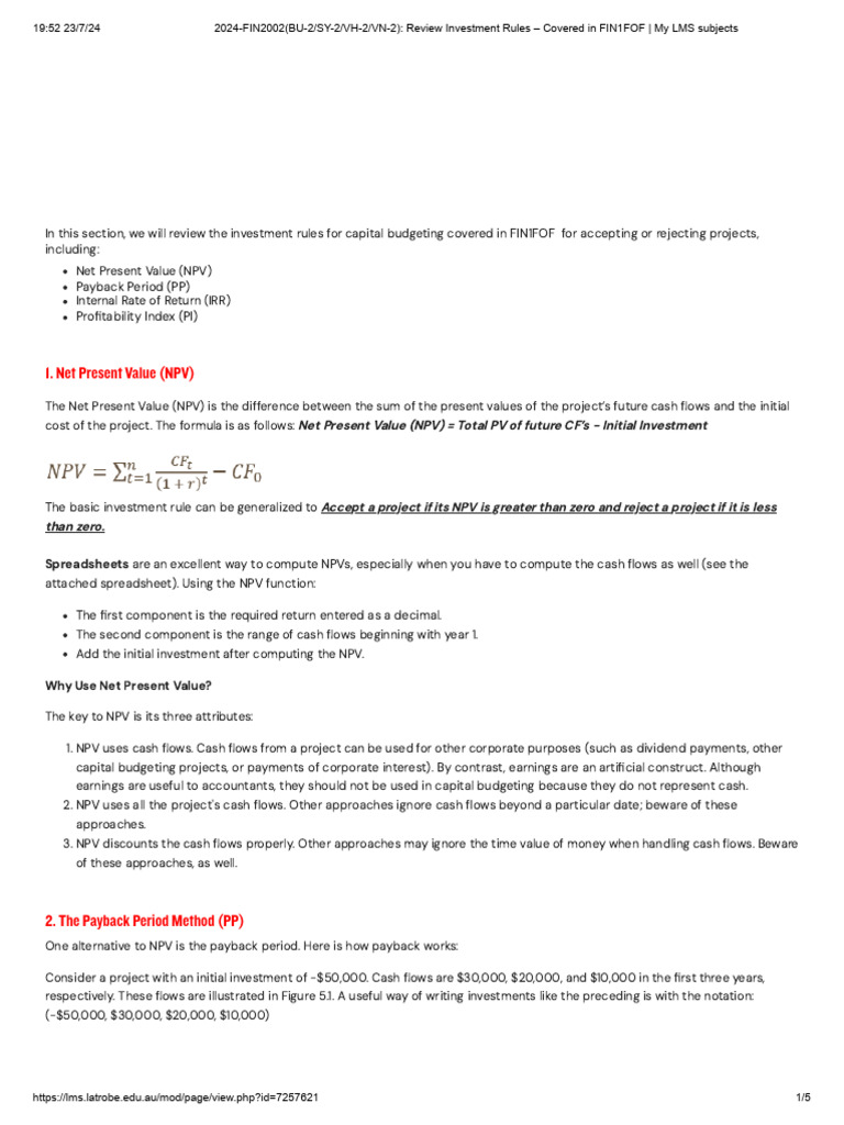 Week 1 - Review Investment Rules - Covered in FIN1FOF | PDF | Net ...