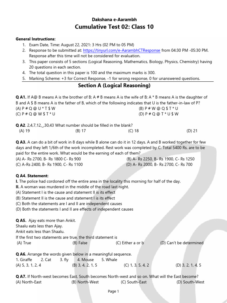 Cumulative Test 02 Class 10 August 22 | PDF