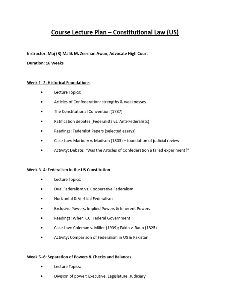 Lecture Plan US Constitution 4th Semester - Prepared by LawyersDen ...