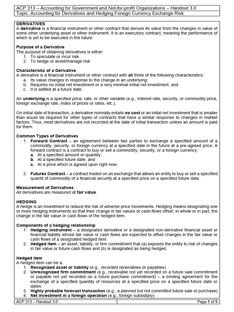 Handout 3.0 ACP 313 Derivatives and Hedging Accounting v3.0 | PDF | Derivative (Finance) | Hedge ...