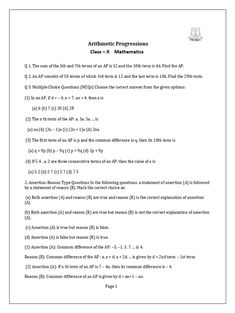 Worksheet on Arithmetic progressions | PDF | Multiple Choice | Mathematics
