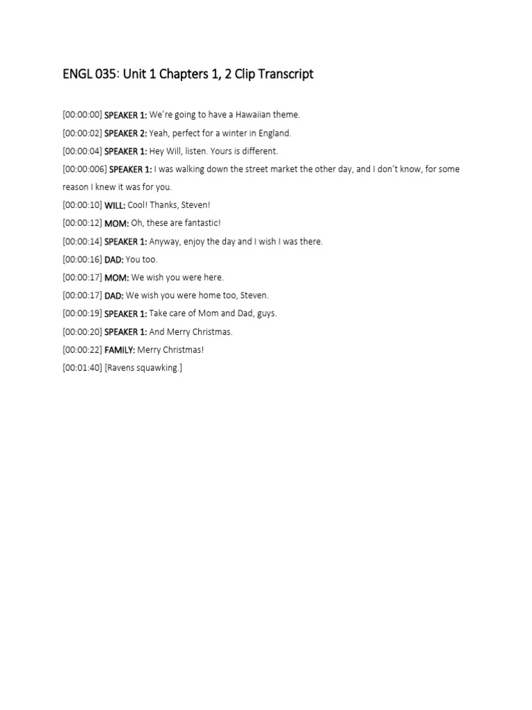 ENGL 035 Unit 1 Chapters 1 2 Clip Transcript | PDF