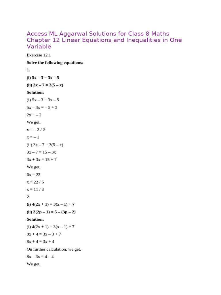 Class 8 Maths Linear Equations Solutions | PDF | Length | Area