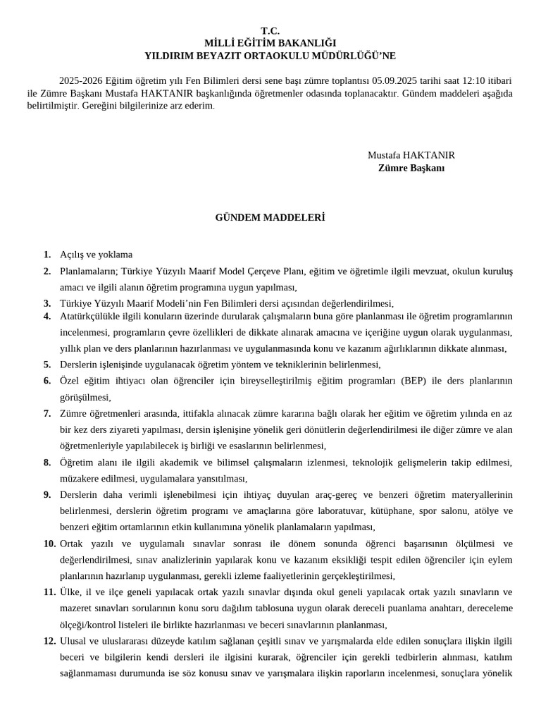 Ortaokul Fen Bilimleri Sene Basi Zumre Mustafa Haktanir 1758466805 | PDF