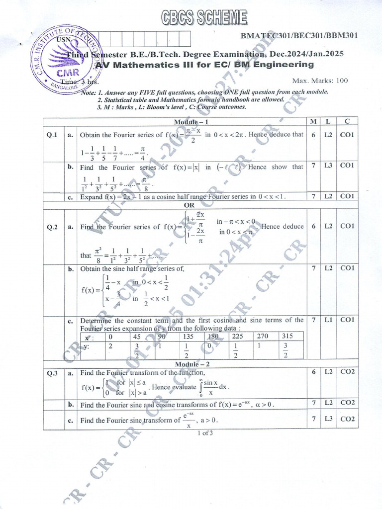 VTU Question Paper of BMATEC301 AV Mathematics-III For EC Engineering ...