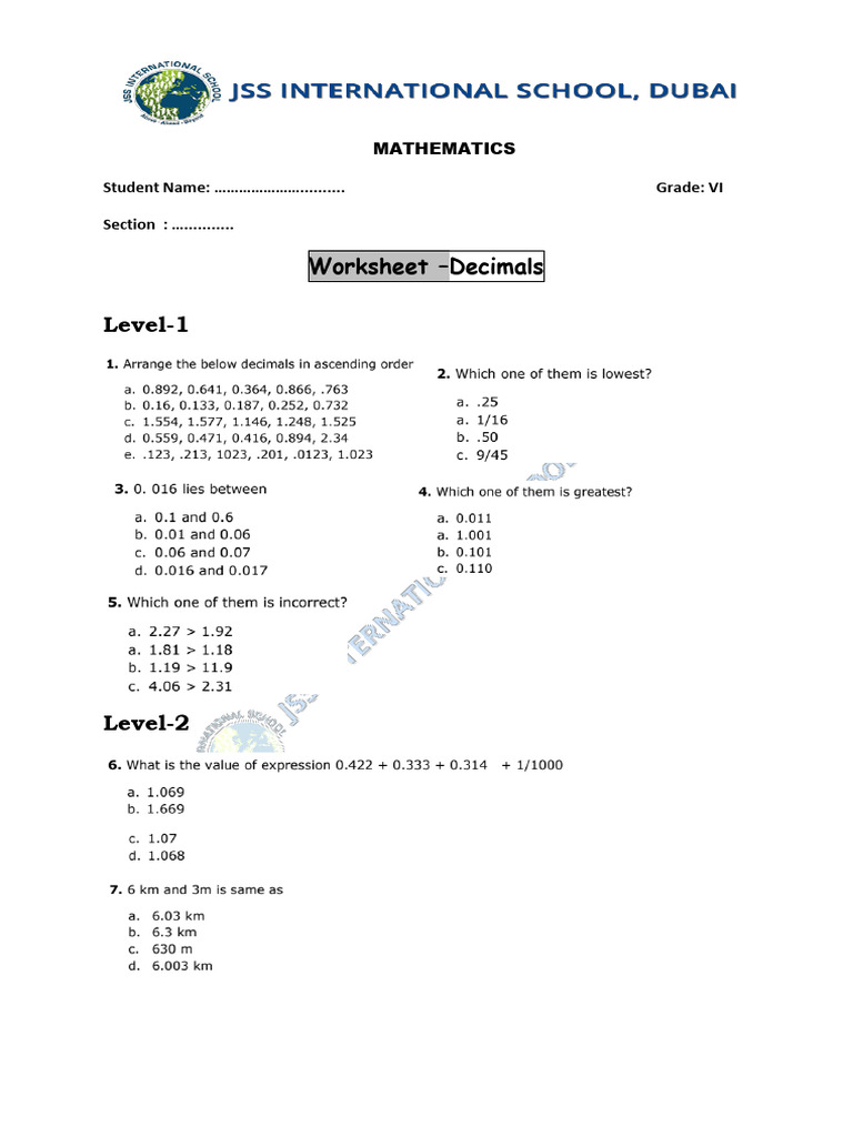 G6 Decimals Worksheet | PDF