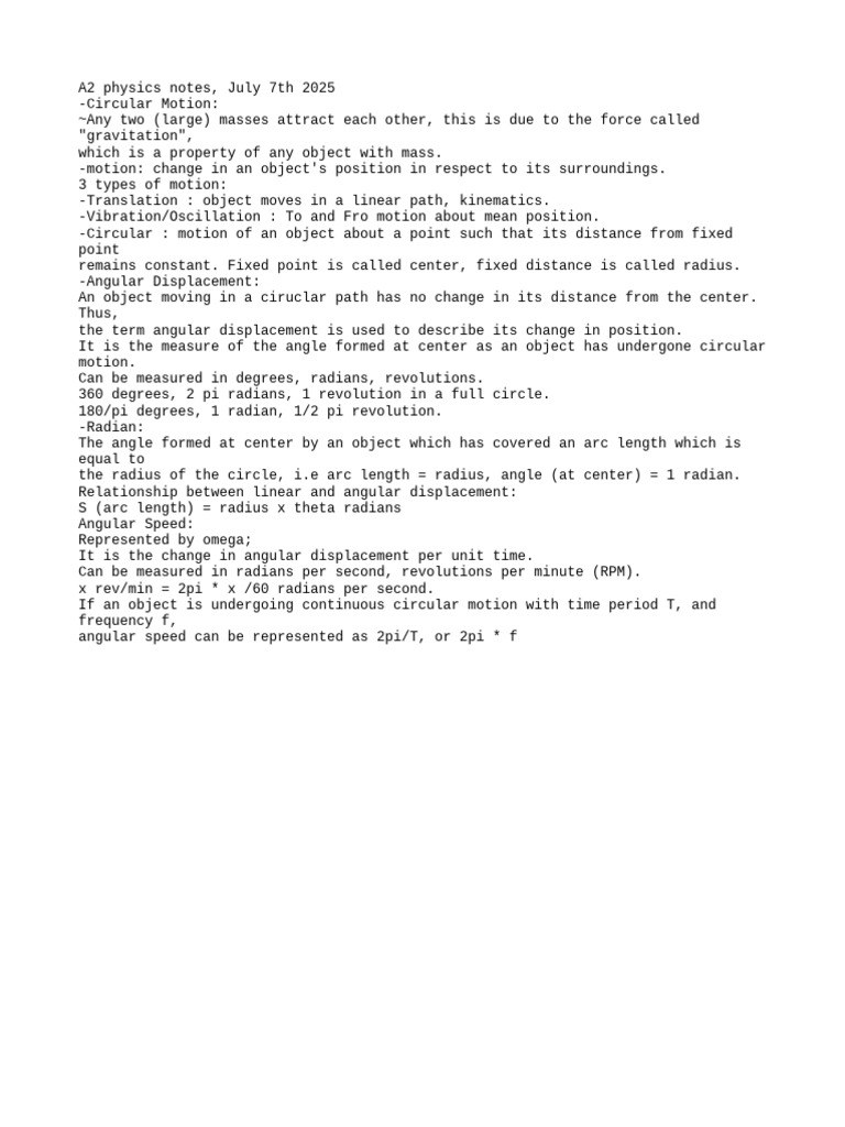 A2 Physics Notes on Circular Motion | PDF