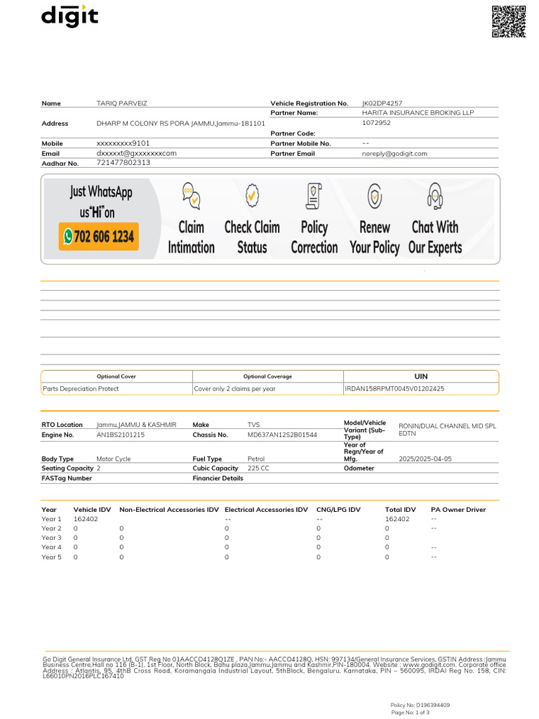 Go Digit Two-Wheeler Insurance Policy | PDF | Insurance | Driver's License