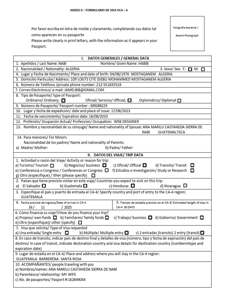 Formulario de Solicitud de Visa CA-4 | PDF | Visa de viaje | Documento