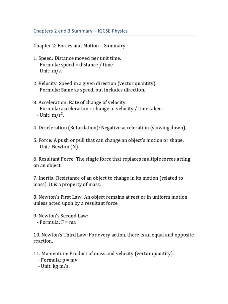 Chapters 2 and 3 Summary | PDF | Force | Acceleration