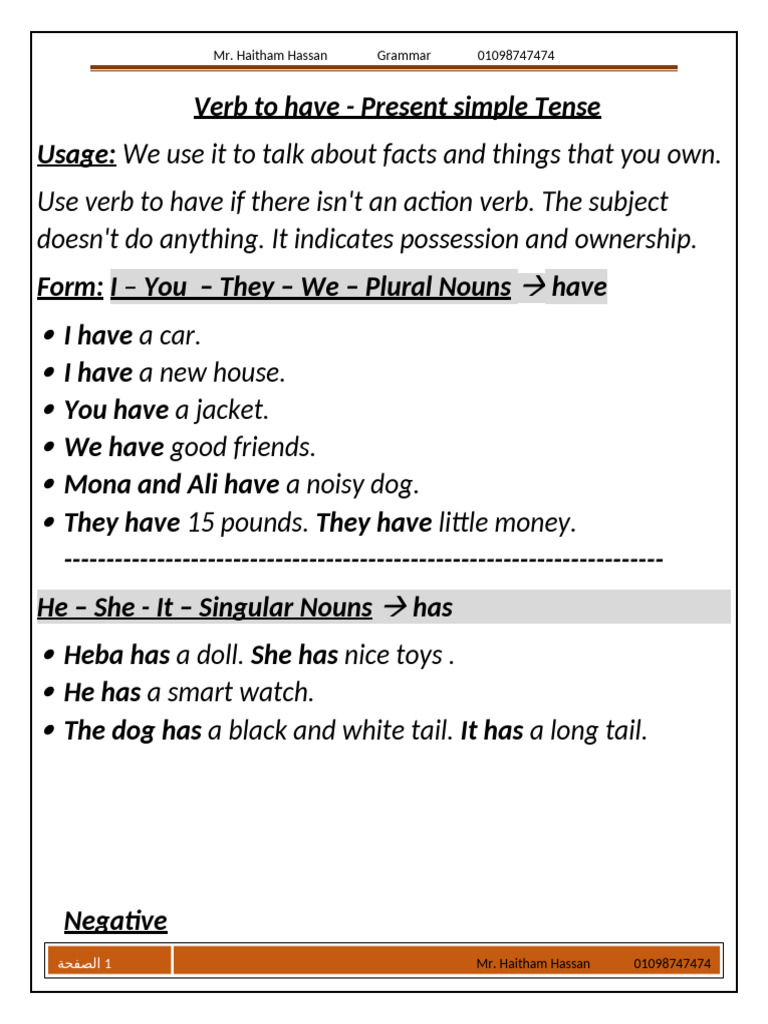 Verb To Have Present Simple Tense | PDF | Grammatical Number | Plural