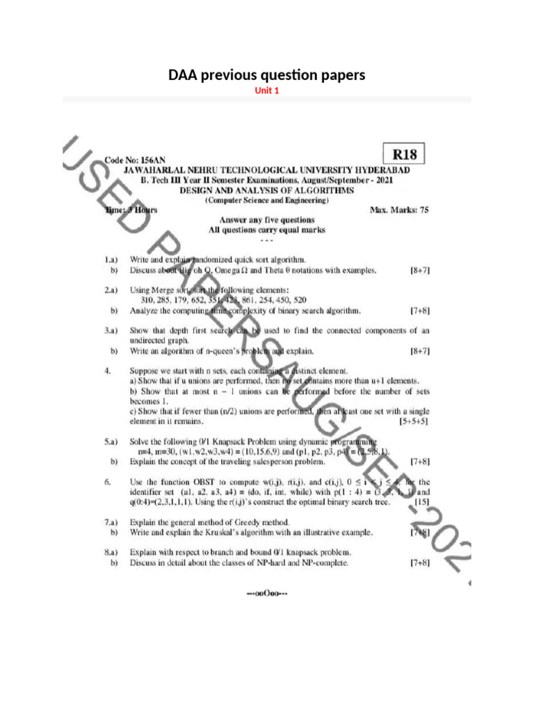 DAA Previous Question Papers Unit 1 | PDF