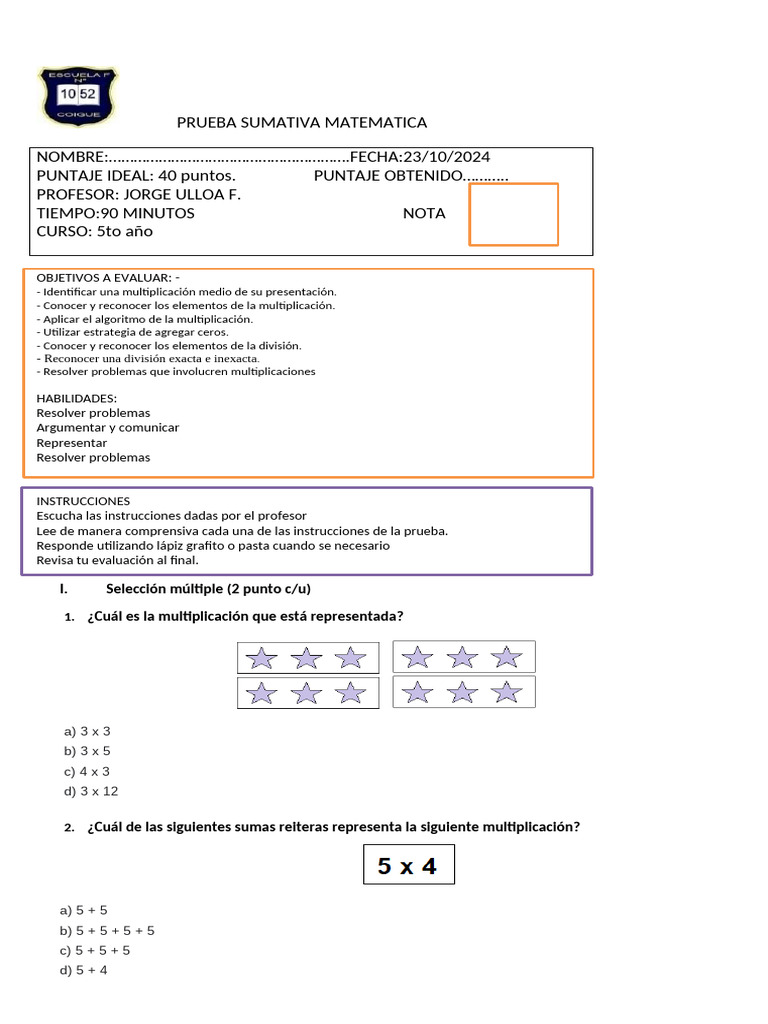 Prueba de Matemáticas: Multiplicación y División | PDF | Multiplicación