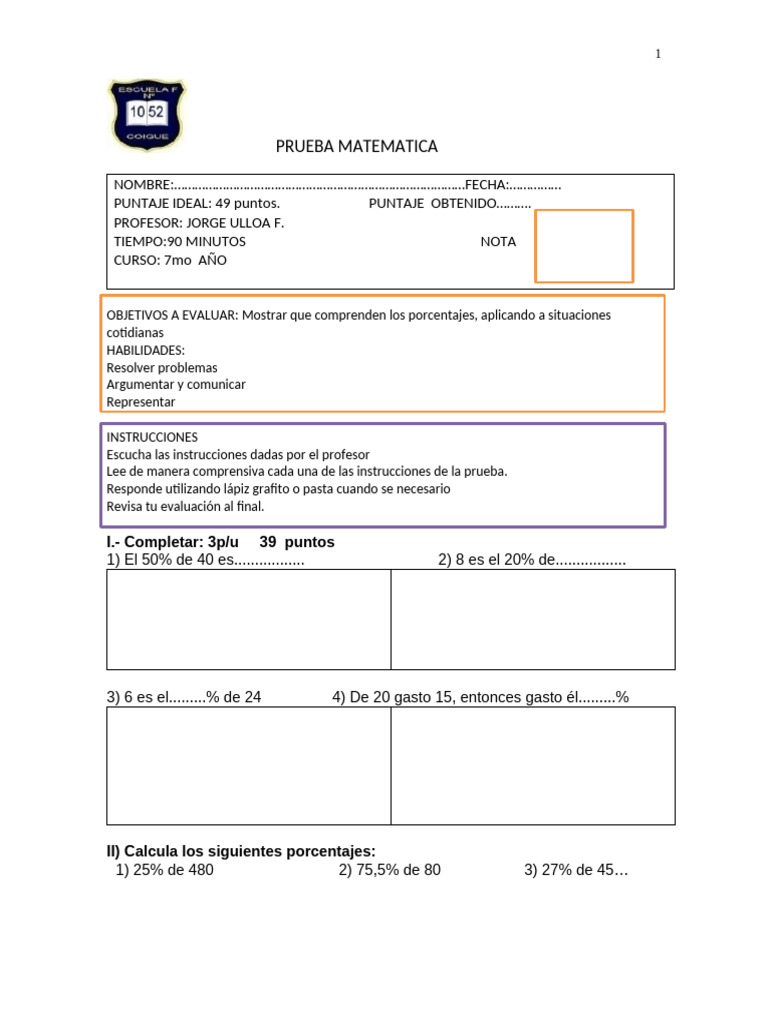 Evaluación Matemática 7MO 2025 | PDF