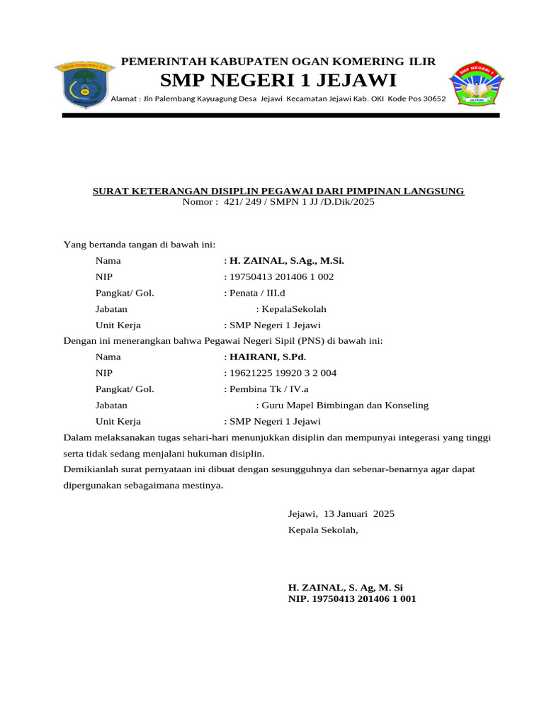 Surat Keterangan Disiplin PNS Jejawi | PDF