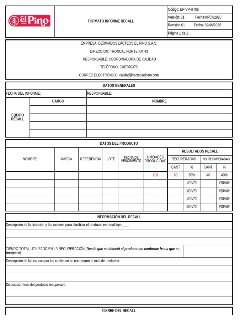 Informe de Recall de Productos Lácteos | PDF | Informática