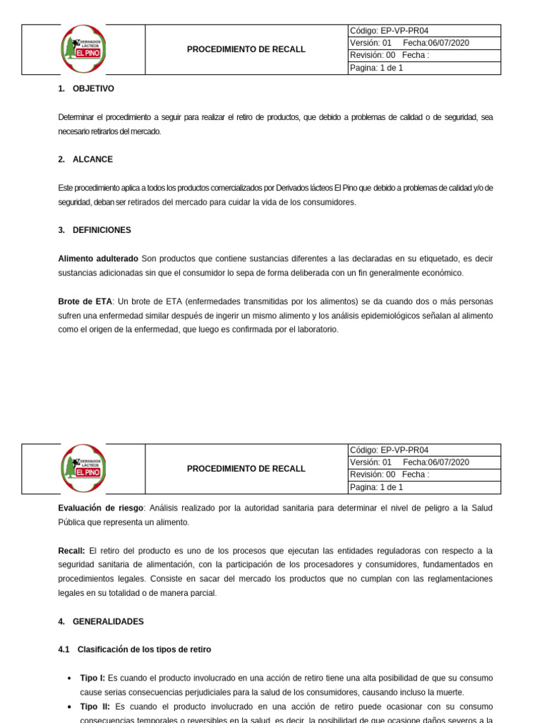 Procedimiento de Recall de Productos | PDF | Alimentos