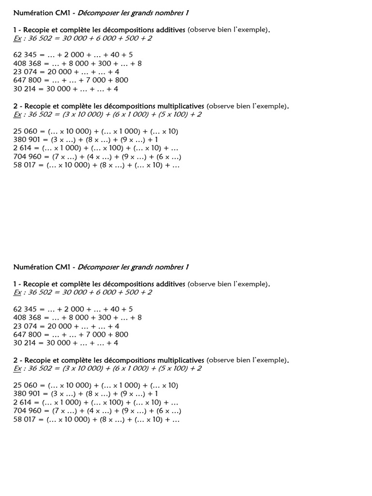 Décomposition des grands nombres CM1 | PDF