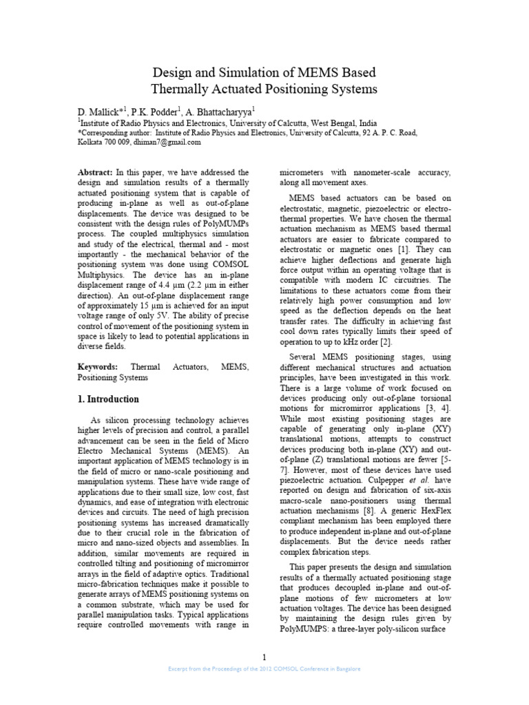 Design and Simulation of MEMS Based Thermally Actuated Positioning ...