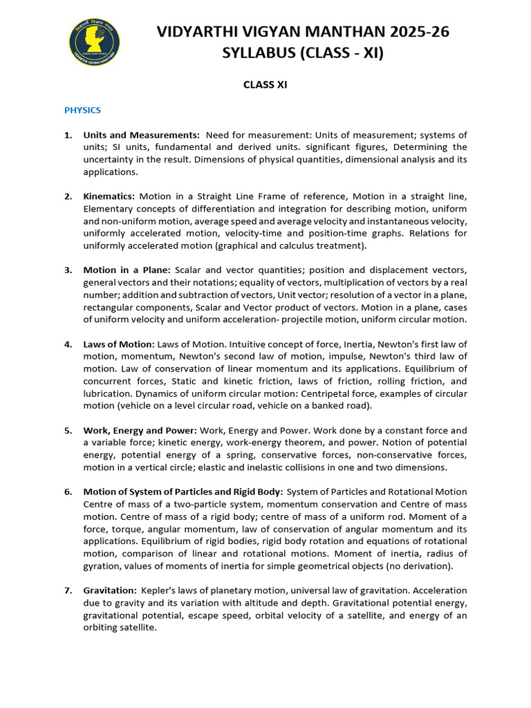 Class XI Syllabus for VVM 2025-26 | PDF | Heat | Force