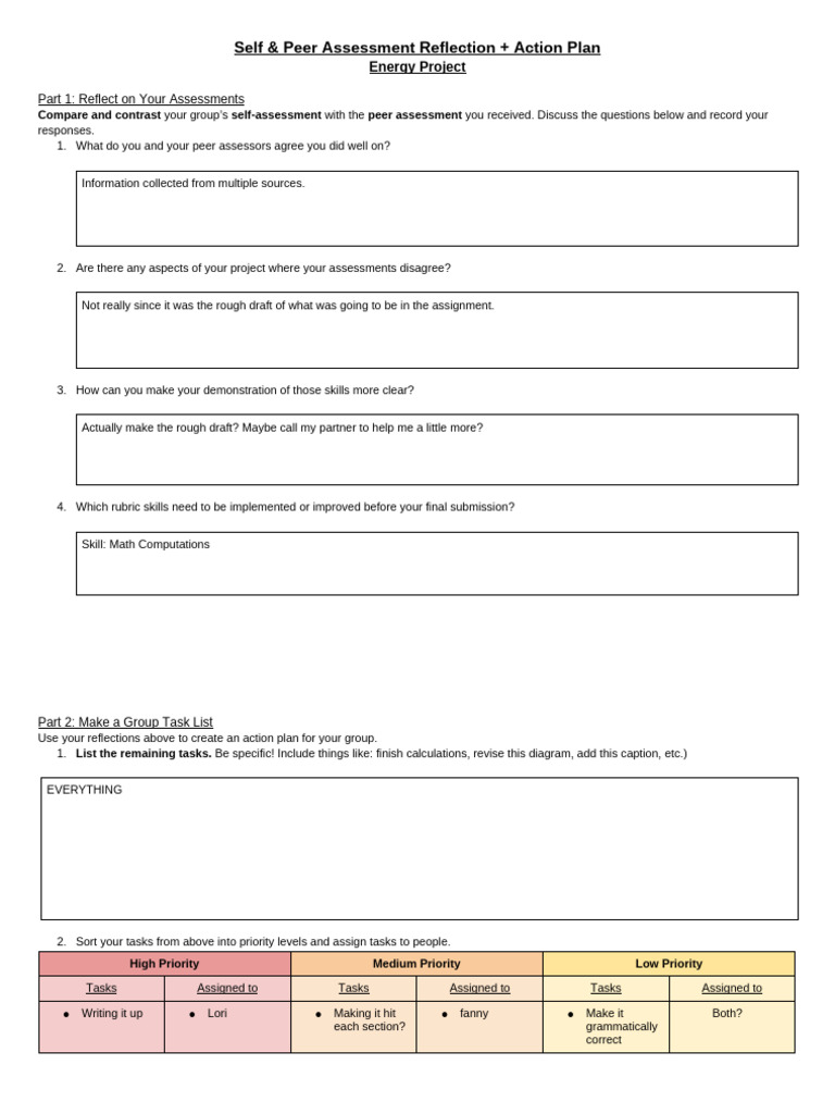 Self & Peer Assessment Reflection + Action Plan | PDF