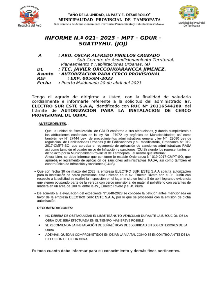 INFORME N°021-2023. ELECTRO SUR ESTE SAC | PDF