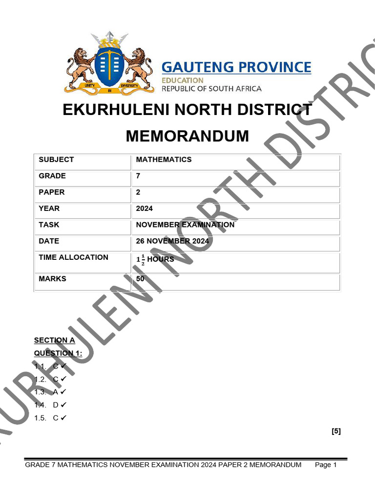 Grade 7 Mathematics November Examination P2 English Memo | PDF ...