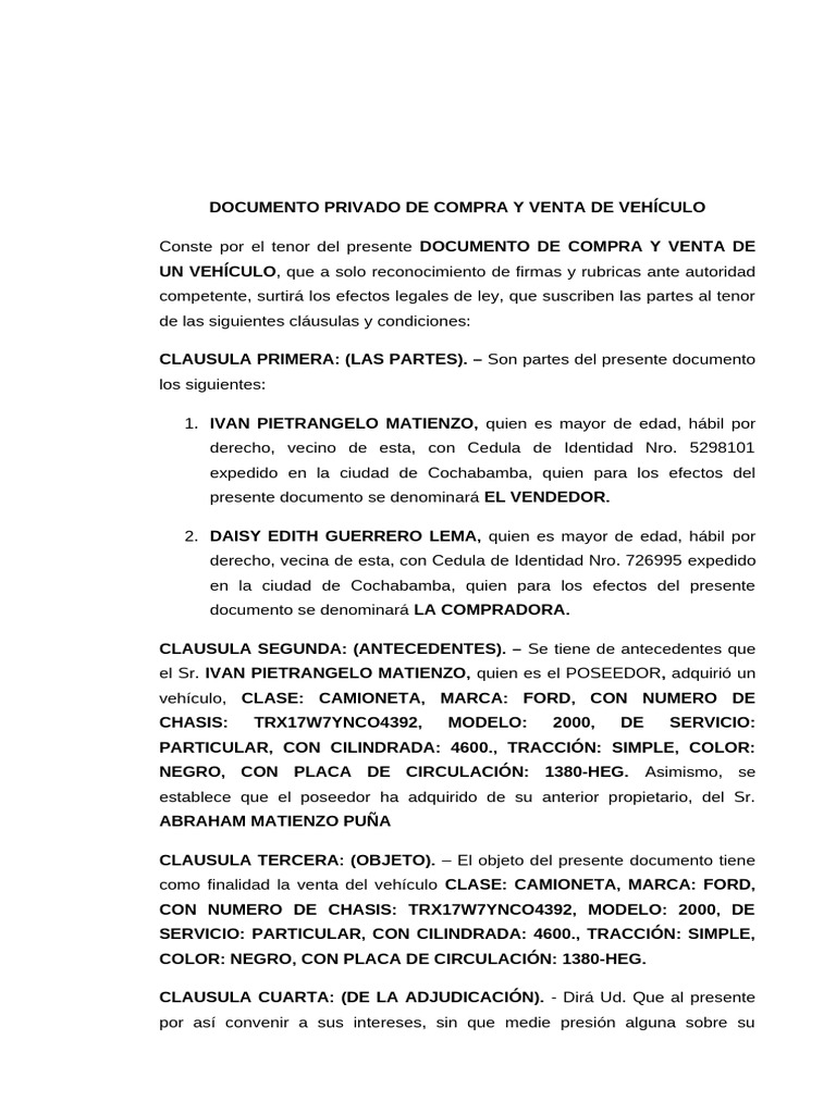 Documento Privado de Compra y Venta de Vehículo Vero[1] | PDF