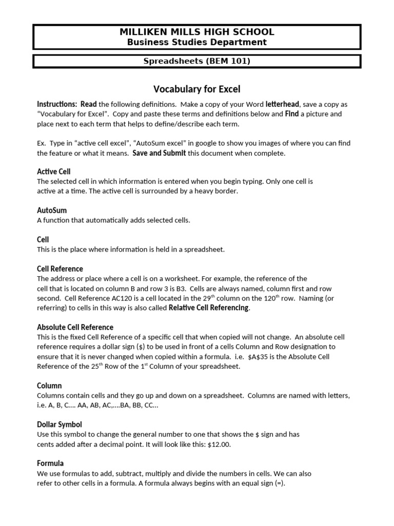 Excel Vocabulary Guide for Students | PDF | Microsoft Excel | Spreadsheet