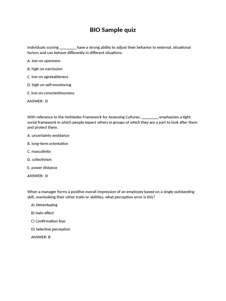 BIO Sample Quiz | PDF