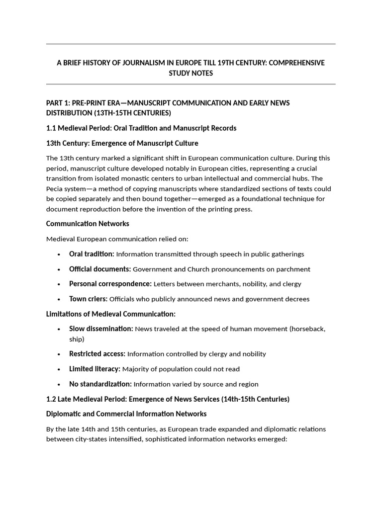 A Brief History of Journalism in Europe Till 19th Century | PDF ...