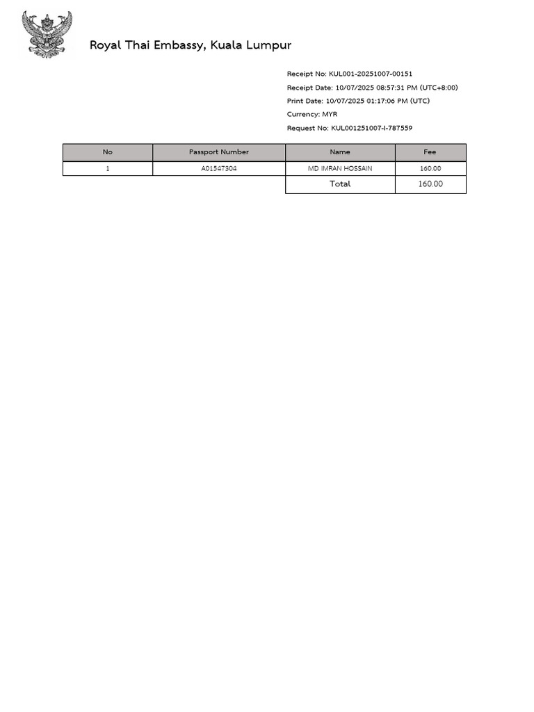 Royal Thai Embassy Visa Receipt | PDF