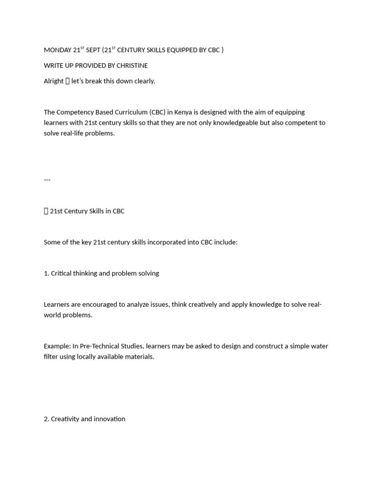 MONDAY 21ST SEPT (21 CENTURY SKILLS PROVIDED BY CBC) | PDF | Learning ...