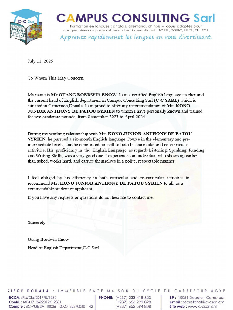 Letter Recommendation Kono Junior Anthony | PDF