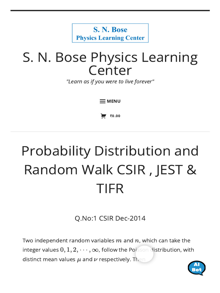 Probability Distribution and Random Walk CSIR, JEST & TIFR - S. N. Bose Physics Learning Center ...