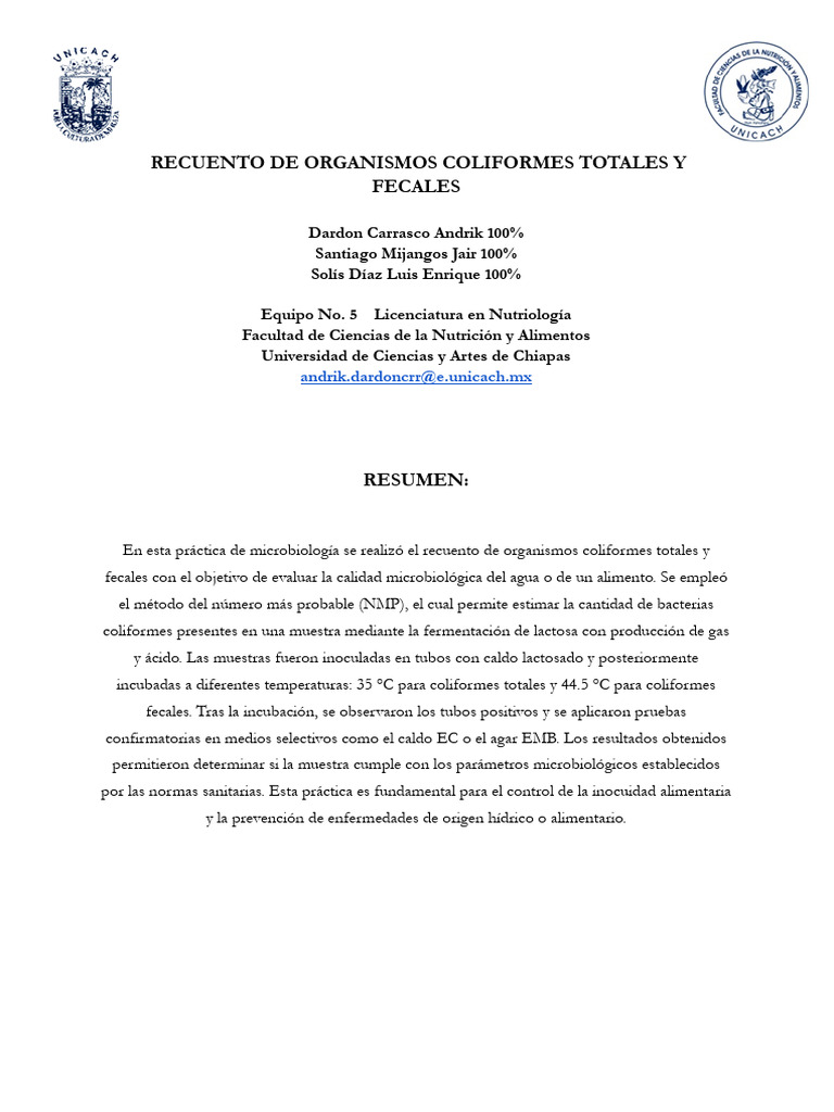 Recuento de Coliformes en Alimentos y Agua | PDF | Microbiología | Biología