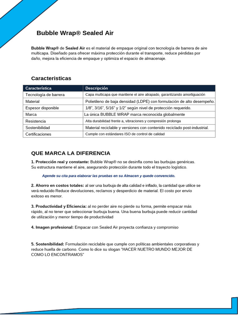 Bubble_Wrap_SealedAir_Ficha_Tecnica_y_Comercial | PDF | Sustentabilidad