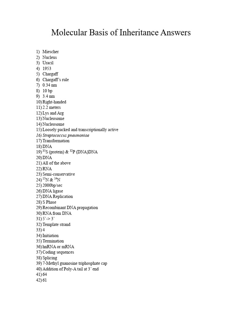 Molecular Basis of Inheritance Part 1 Answers | PDF | Dna | Genetic Code