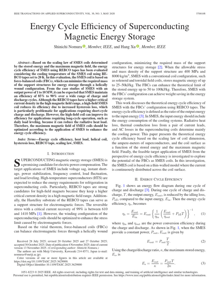 Energy Cycle Efficiency of Superconducting Magnetic Energy Storage ...