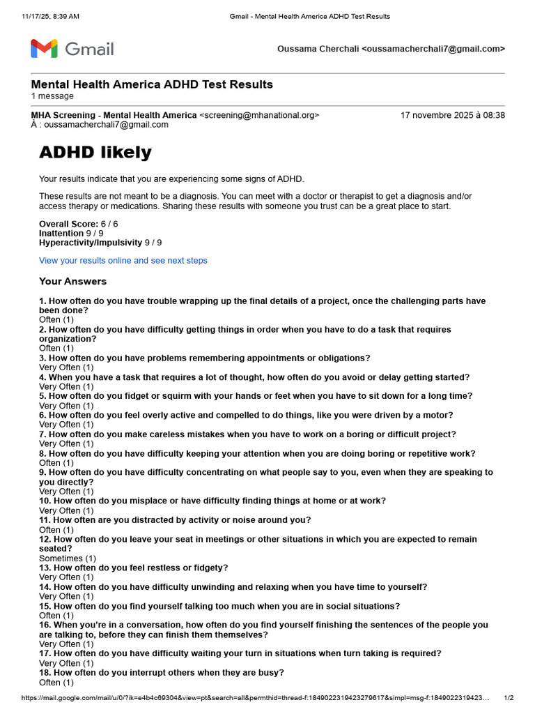 Gmail - Mental Health America ADHD Test Results FR | PDF | Attention ...